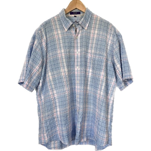 Alan Flusser | Shirts | Alan Flusser Seersucker Blue Pink White Check Plaid Short Sleeve Button ...